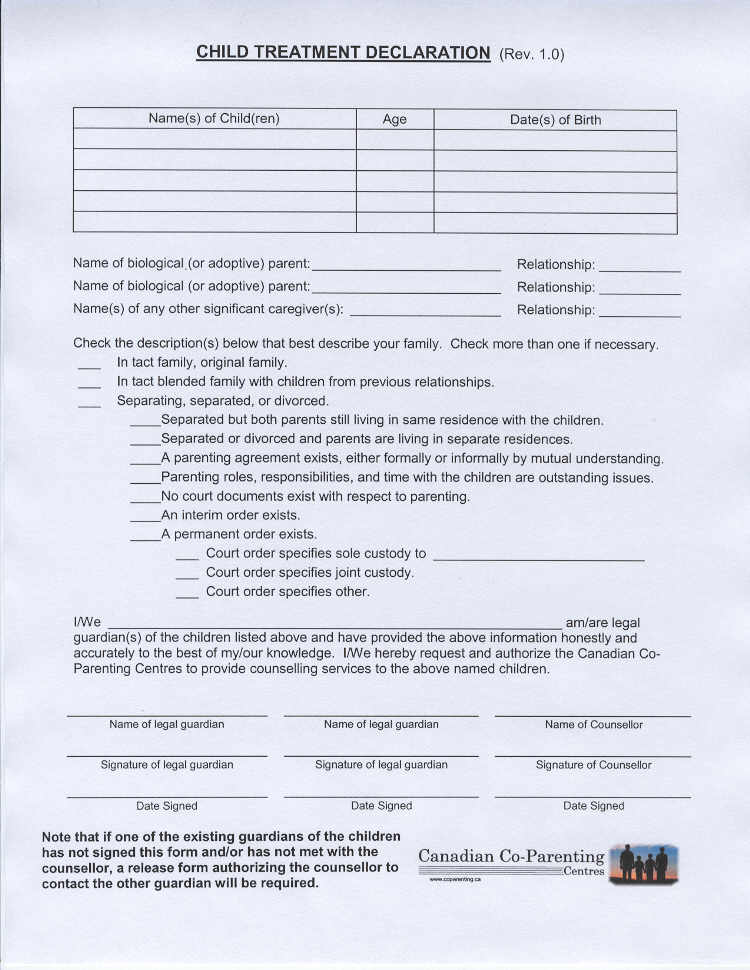 Canadian Co-Parenting Centres - Forms: Child Treatment Declaration
