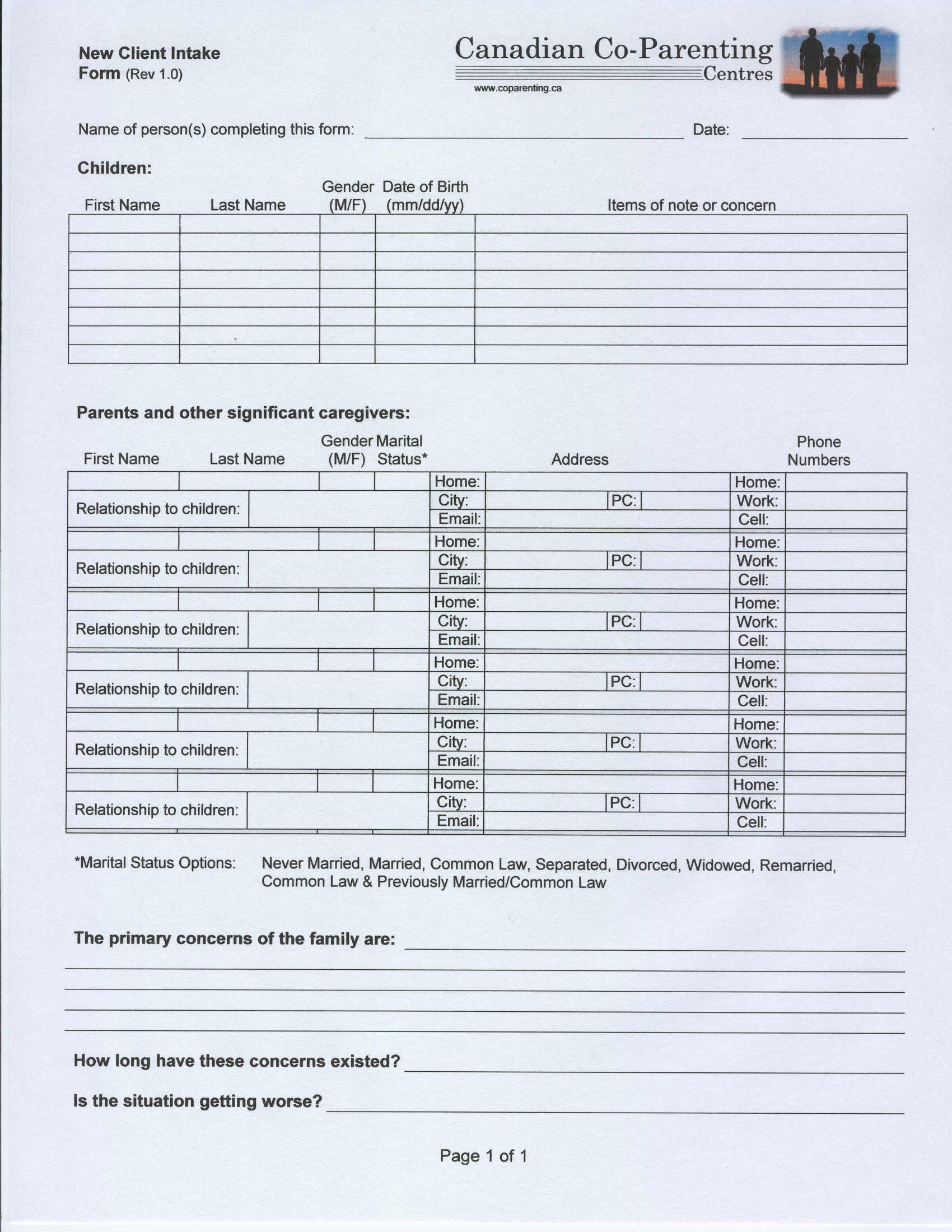 Canadian Co-Parenting Centres - Forms: Intake