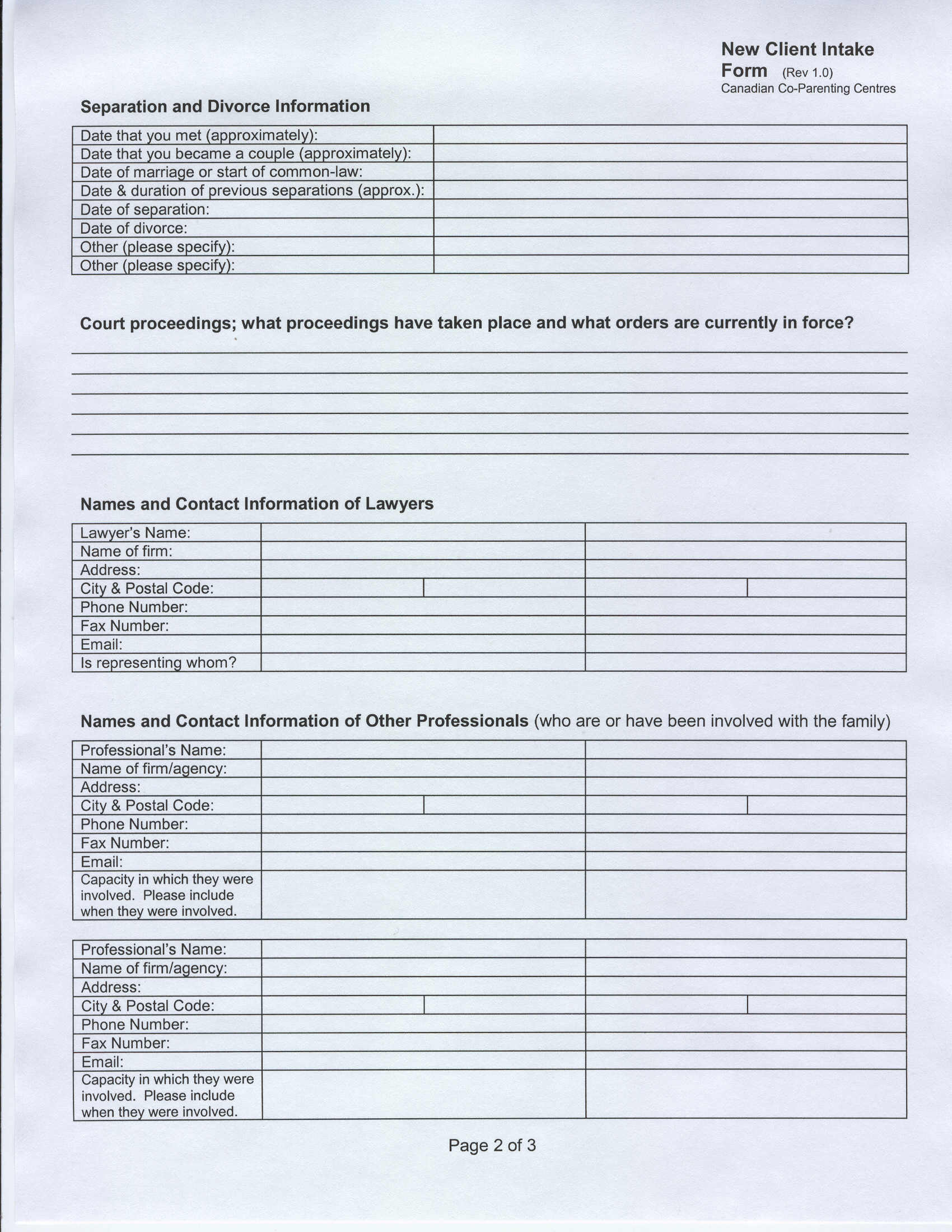 Canadian Co-Parenting Centres - Forms: Intake